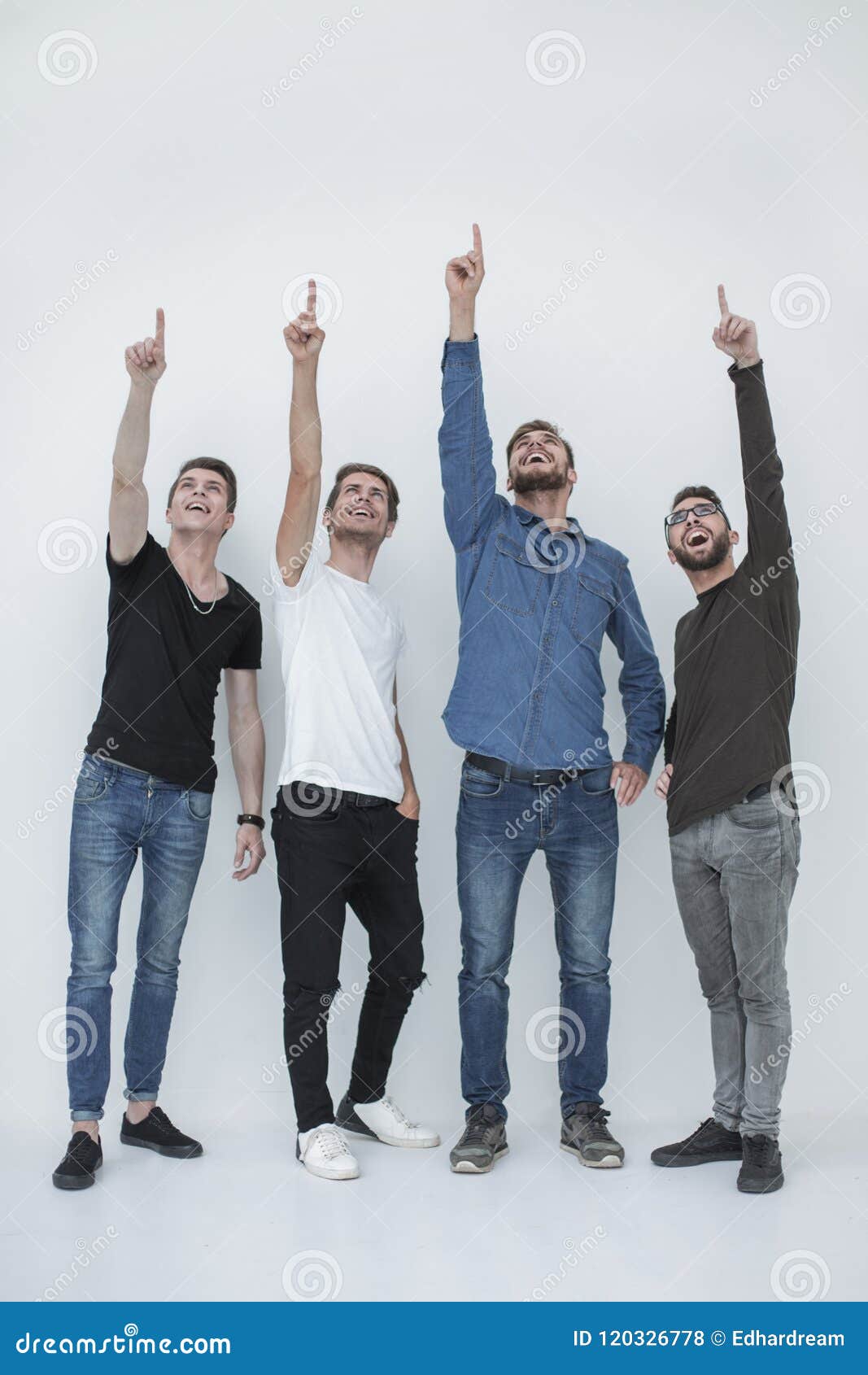 Group of Young People Points Up Stock Photo - Image of friendly ...