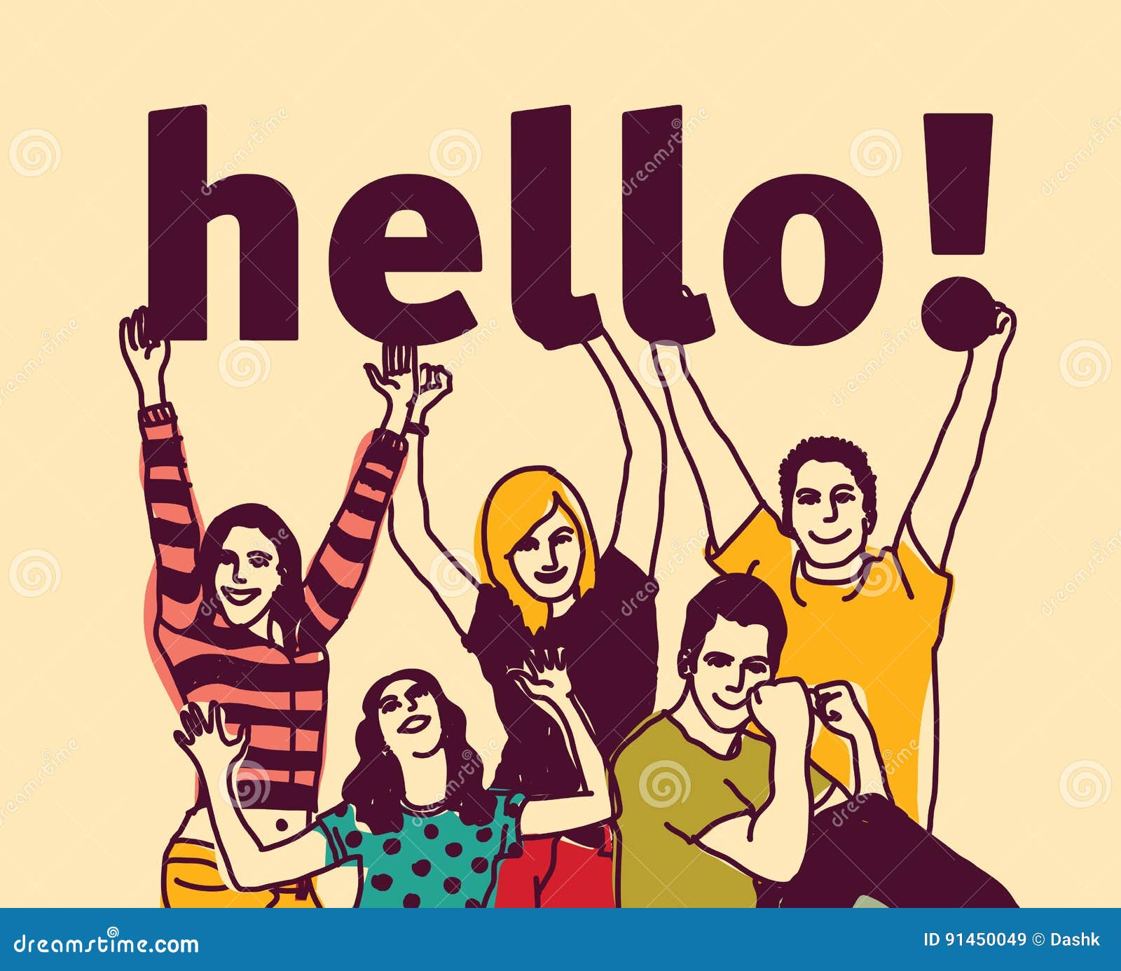 Group Young People and Signs Hello. Stock Vector - Illustration of ...