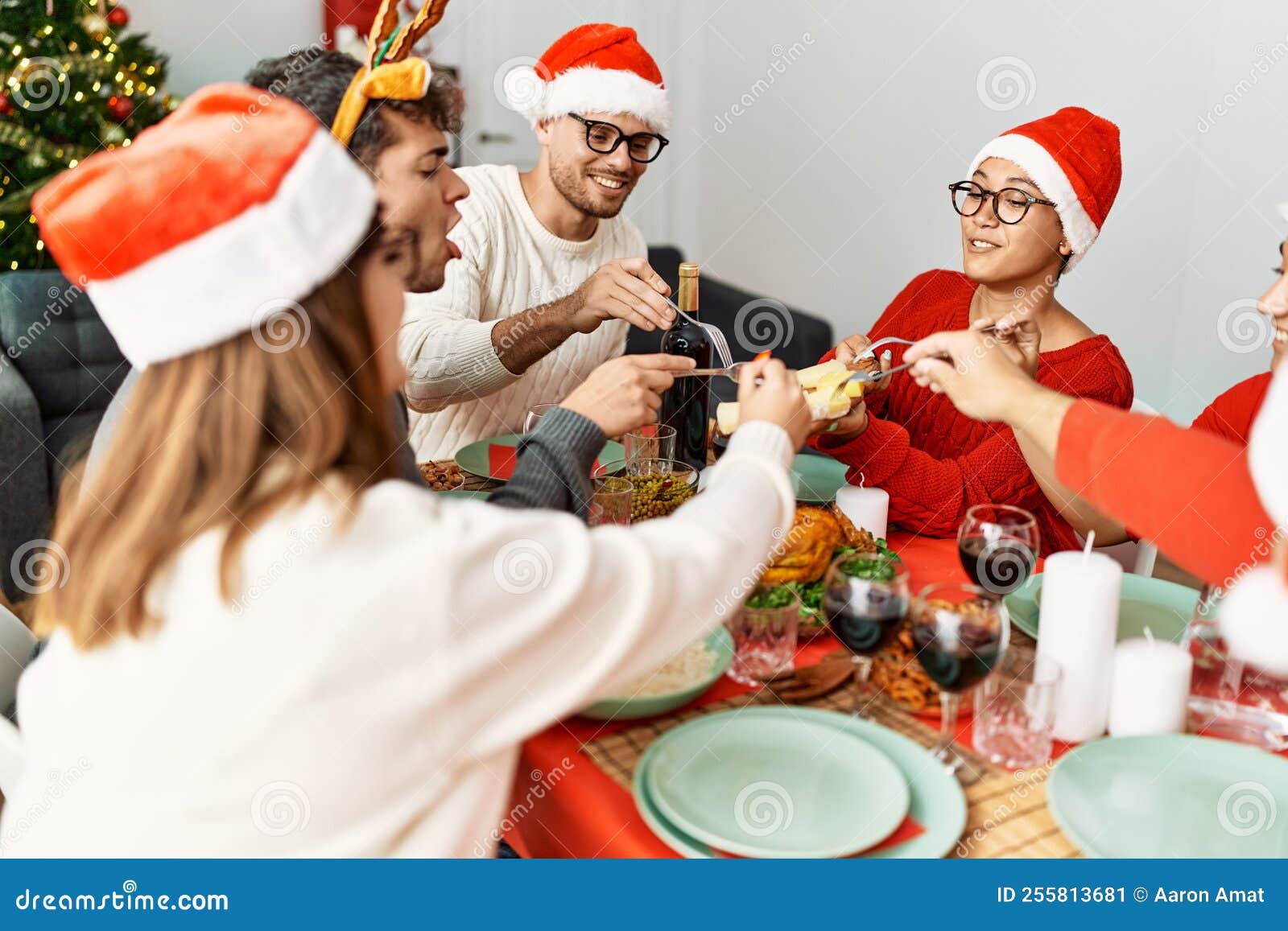 Group of Young People Smiling Happy Having Christmas Dinner at Home ...