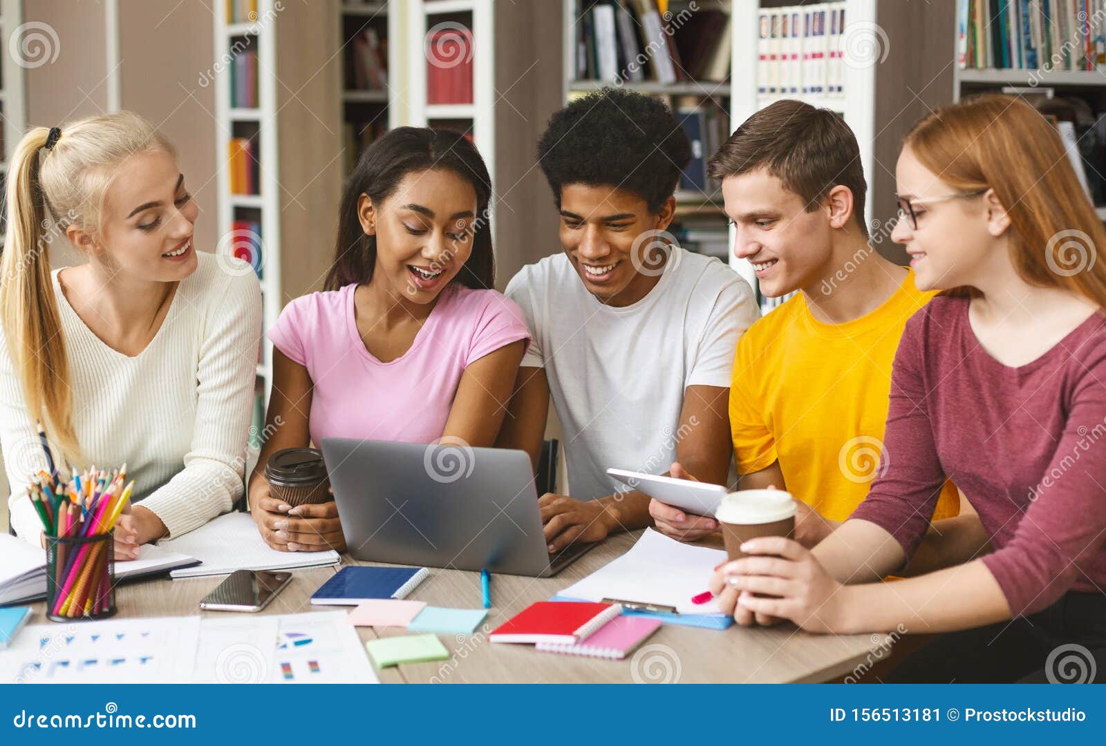 Group of Young People Working with Laptop in Library Stock Image ...