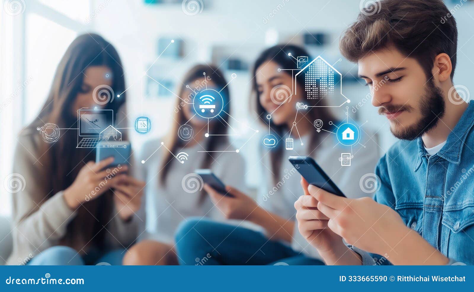 A Group of Young Professionals Collaborating with Technology Icons ...