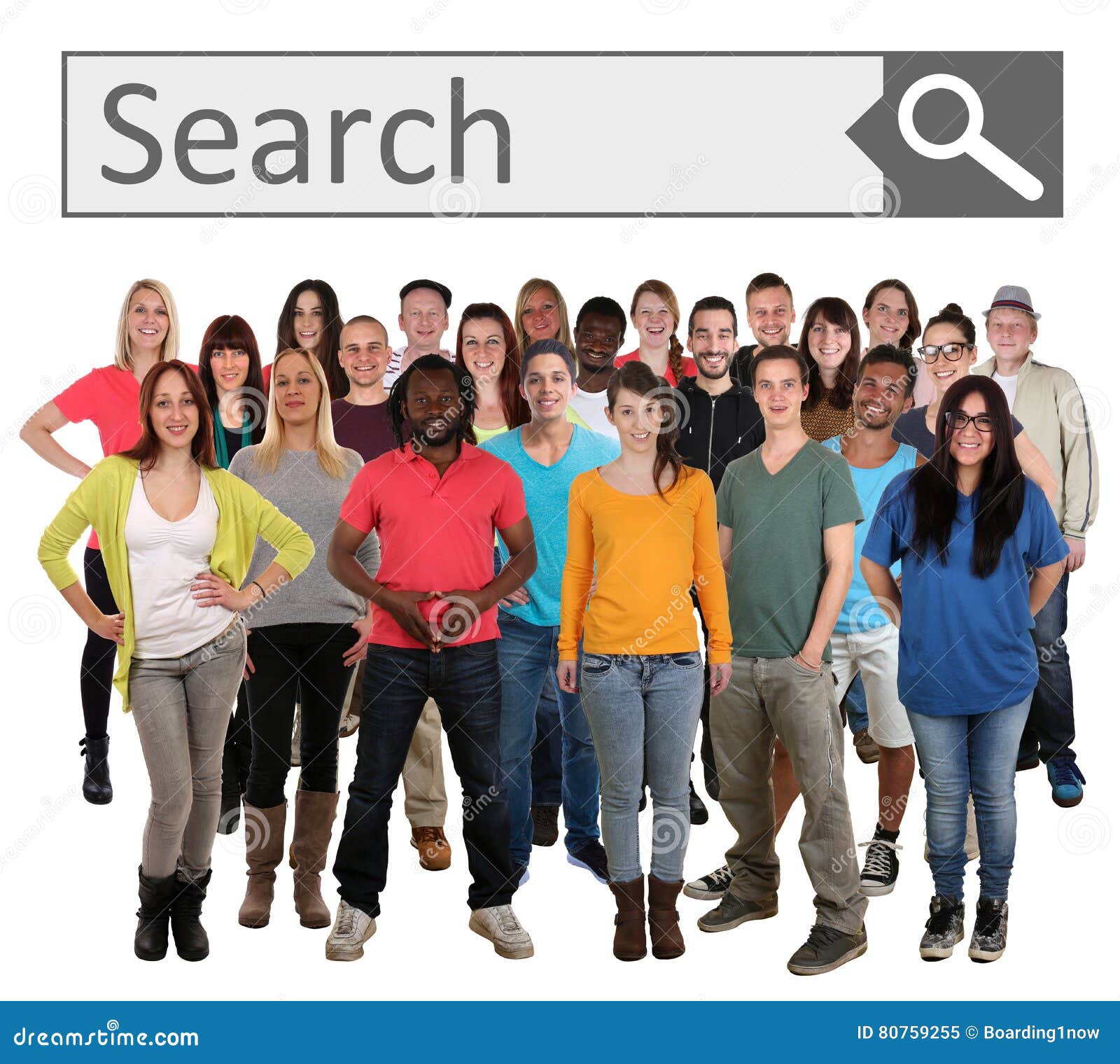 Group of Young Smiling People Searching Search Engine Internet Stock ...