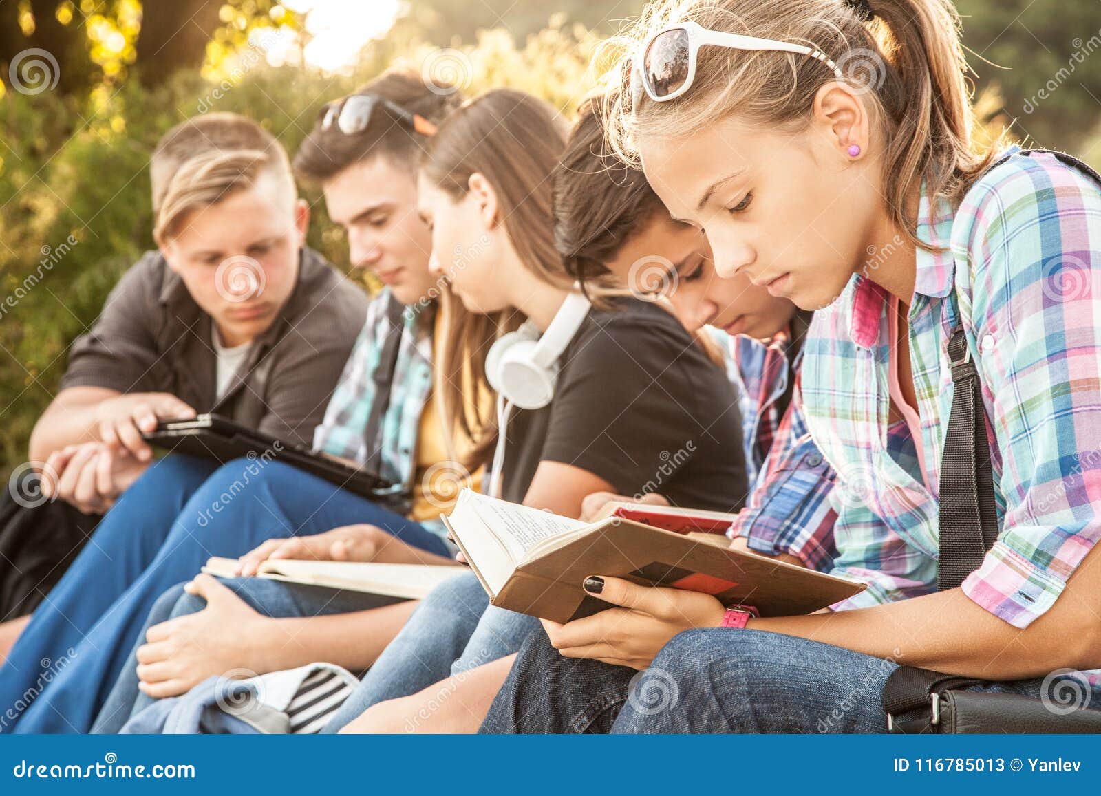 Students in park stock image. Image of multi, computer - 116785013