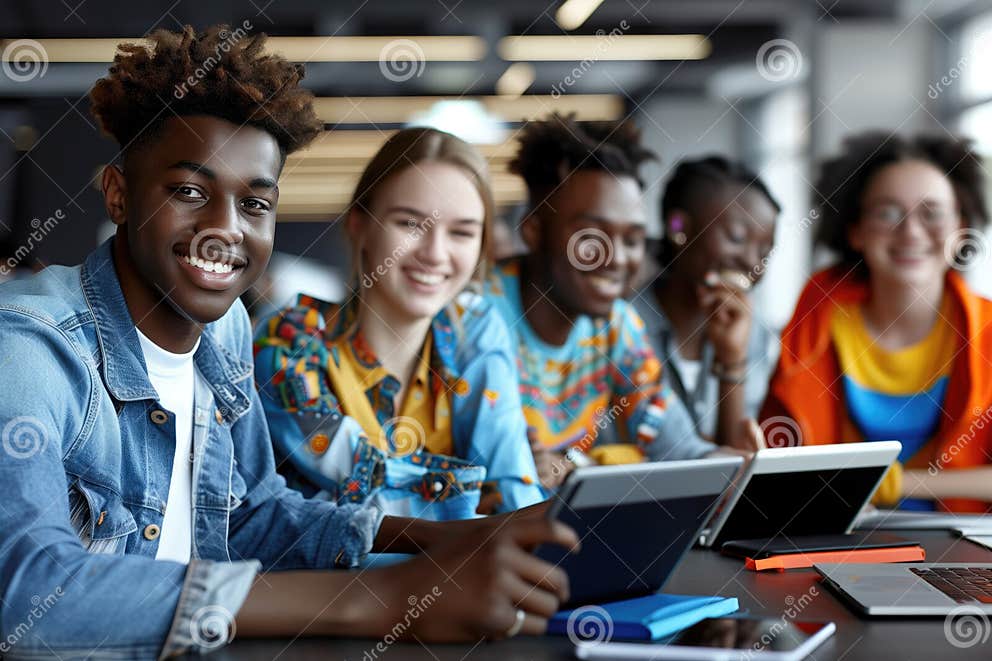 Group of Young Students Collaborating on Tablets Stock Image - Image of ...