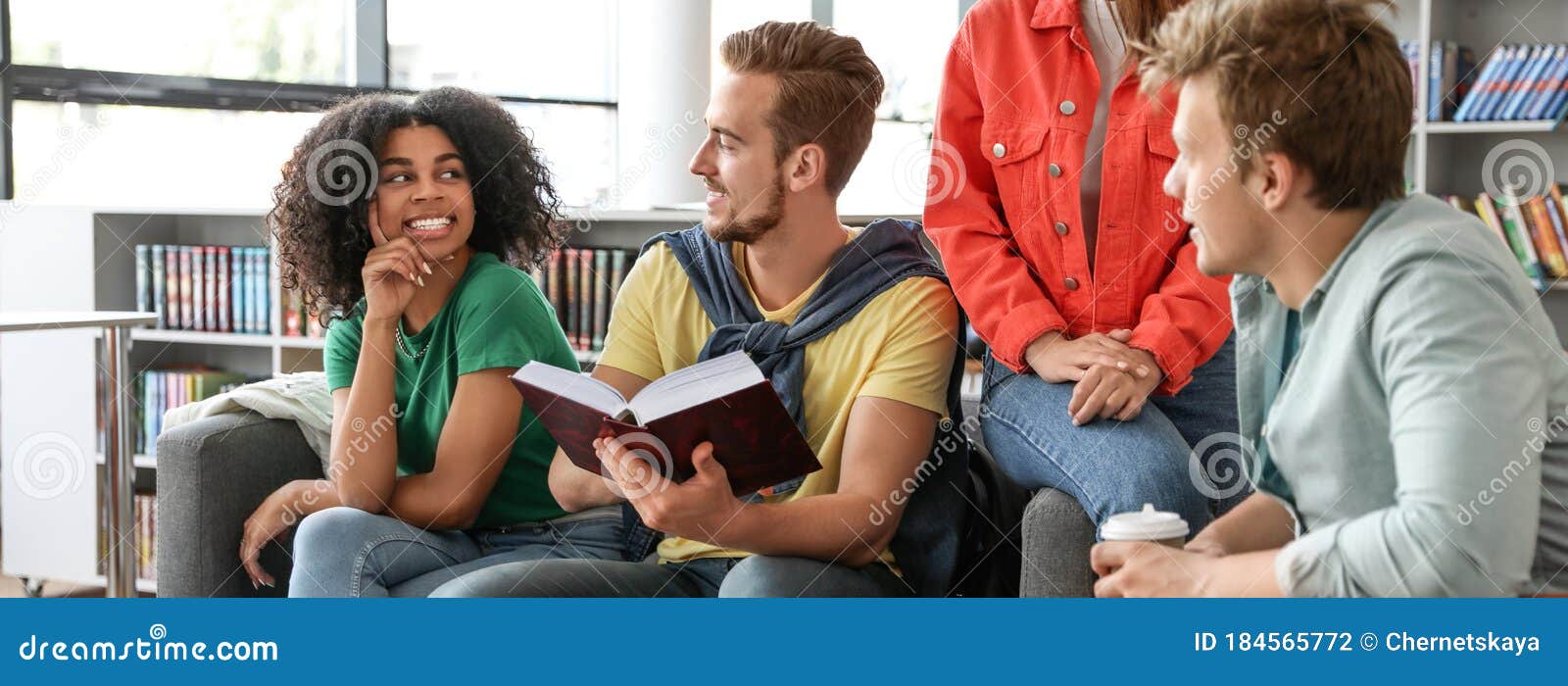 Group of Students at Table in Library. Banner Design Stock Photo ...
