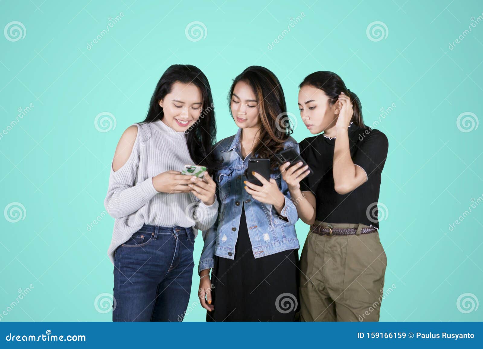 Group of Young Woman Using Phone on Studio Stock Image - Image of chat ...