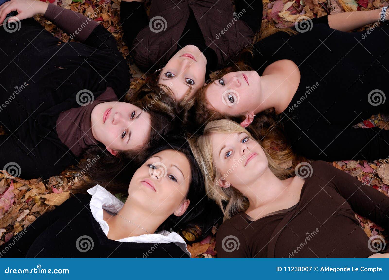 Group of Young Women Lying in Autumn Leaves Stock Image - Image of ...