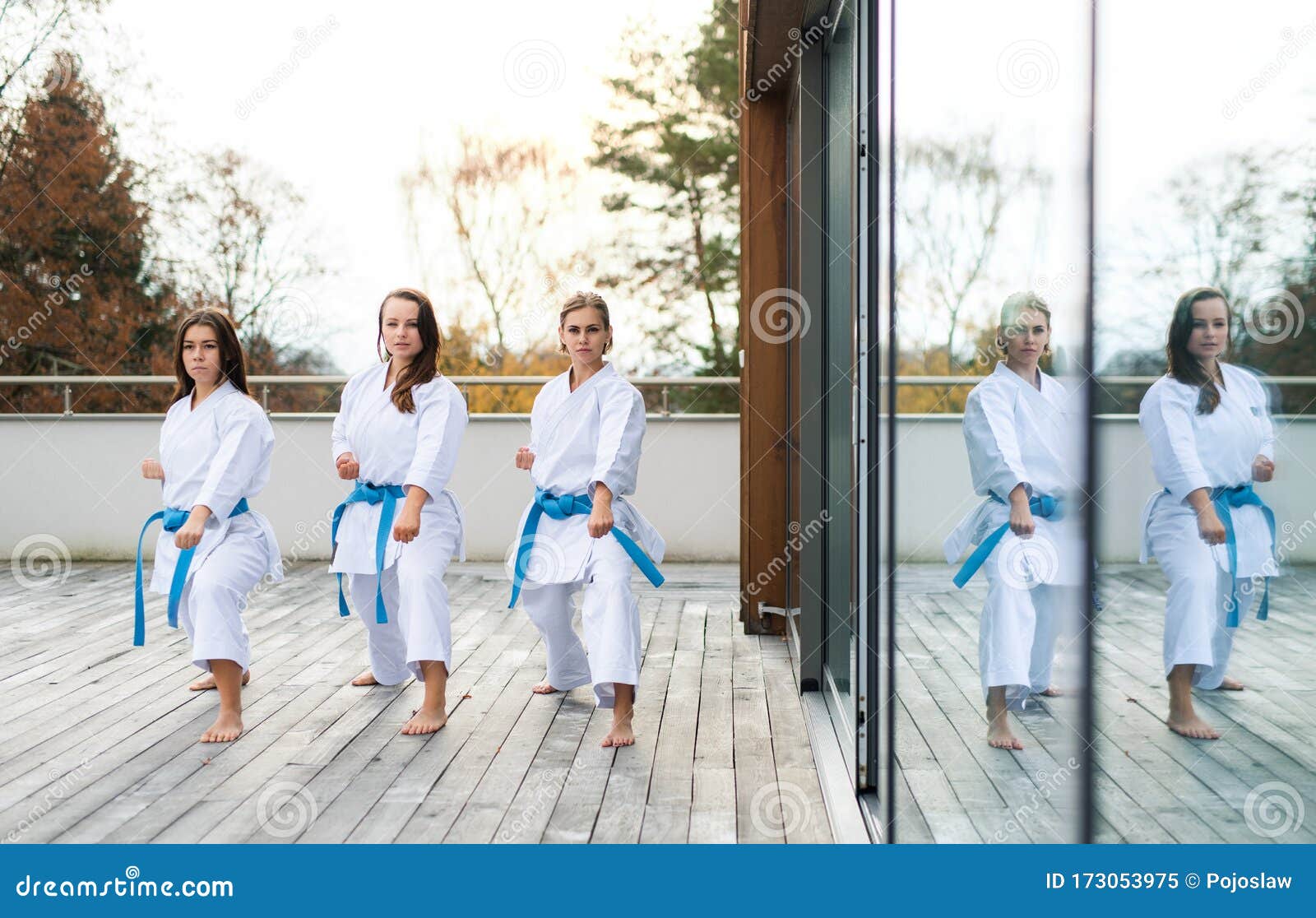 Group of Young Women Practising Karate Outdoors on Terrace. Stock Image ...