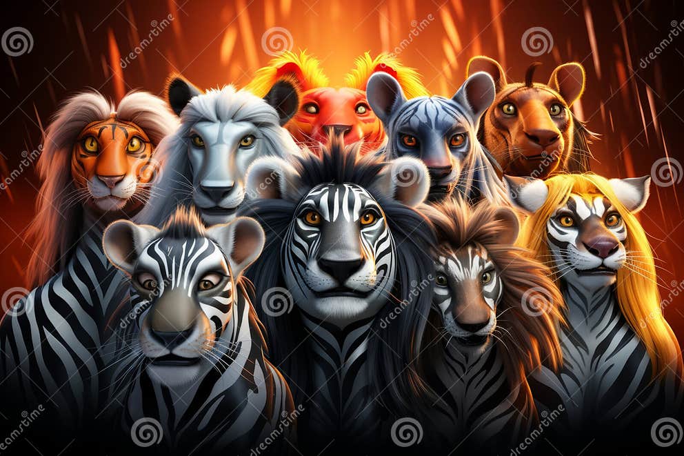 A Group of Zebra and Giraffes in Front of a Fire Stock Illustration ...