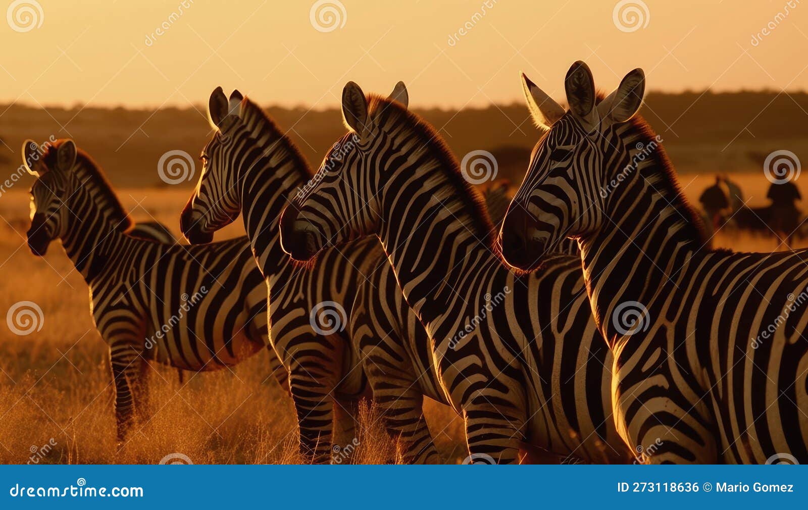 Group of Zebras Looking Sideways at Dusk in the Savannah Created by ...