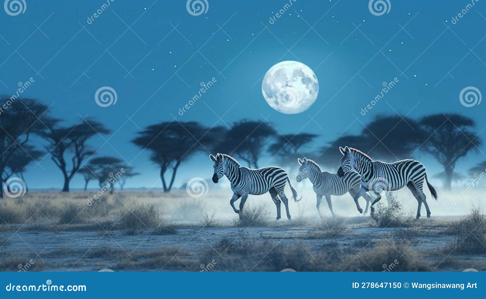 Group of Zebras Running Across the African Savannah with Full Moon AI ...