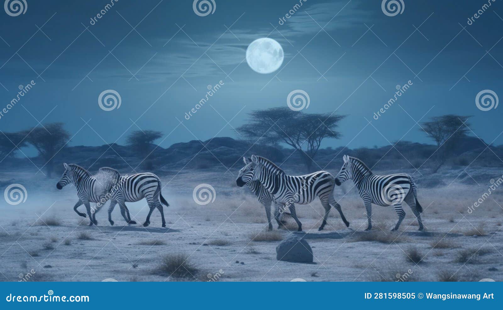 Group of Zebras Running Across the African Savannah with Full Moon AI ...