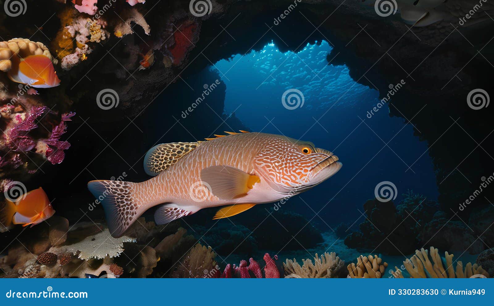 Grouper Fish Nestled in a Coral Cave Stock Illustration - Illustration ...