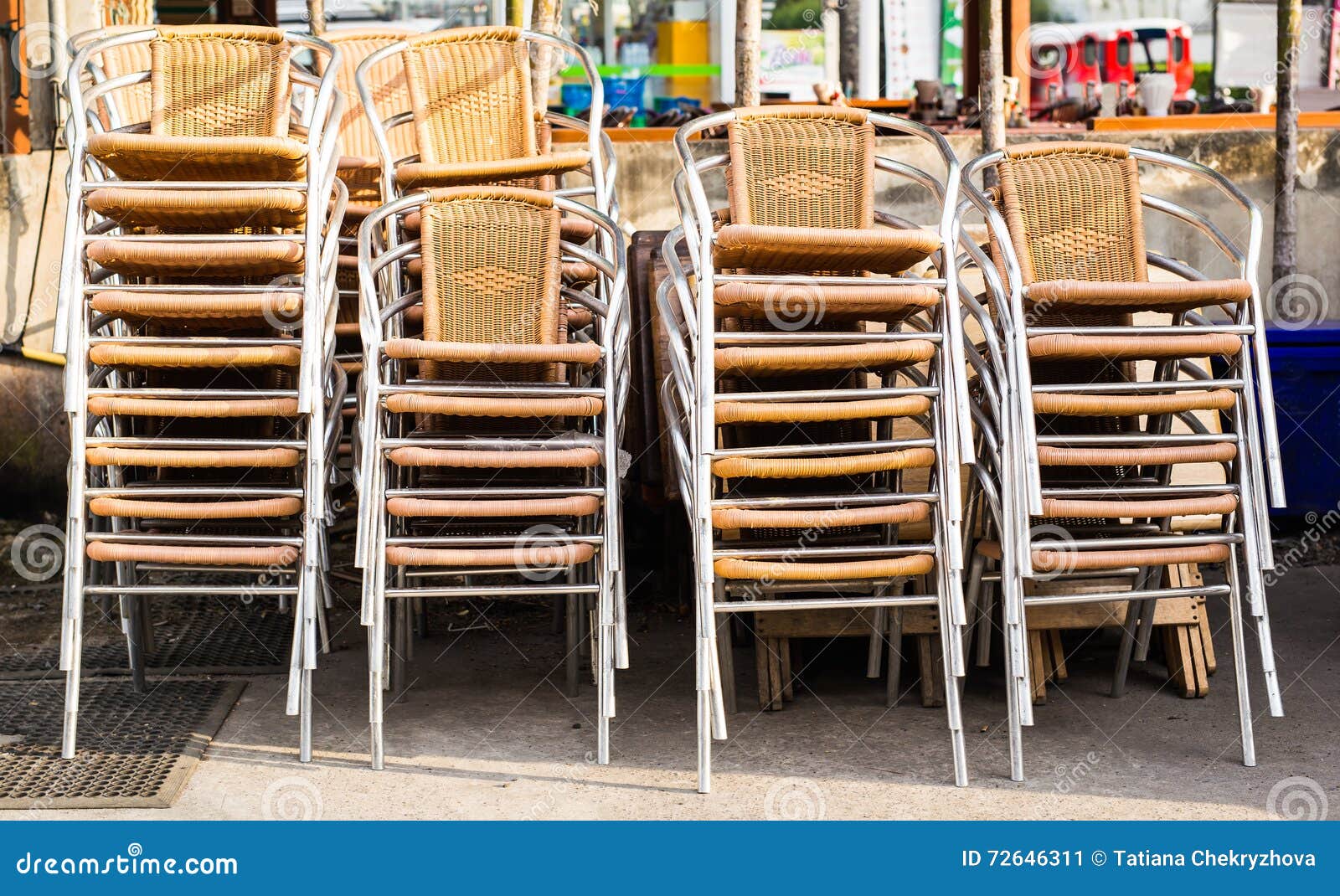 Groups of Chairs Stacked and Chained Together Outdoors Stock Image ...