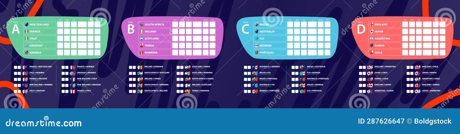 Groups Participants Flags and Games Icon of Rugby Competition 2023 ...