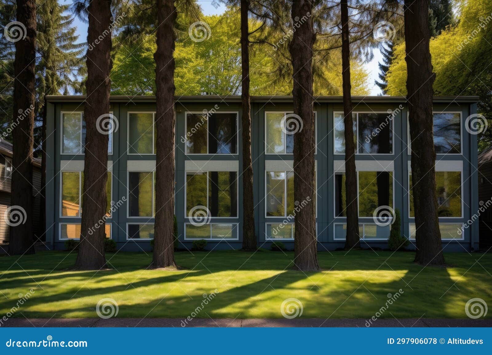Grove of Trees in Front of a House with Tall, Shuttered Windows Stock ...