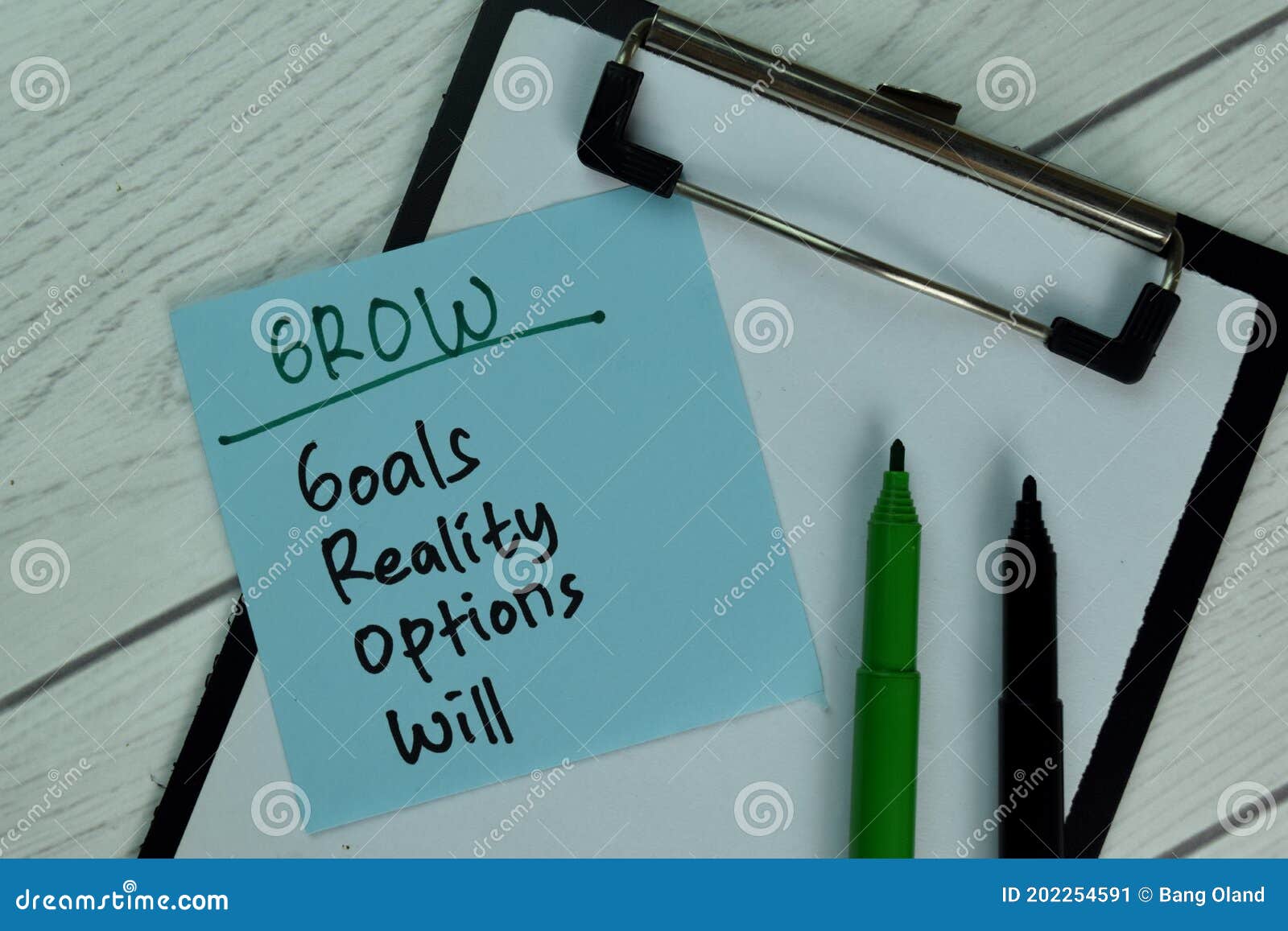 GROW - Goals Reality Options Will Write on Sticky Note Isolated on ...