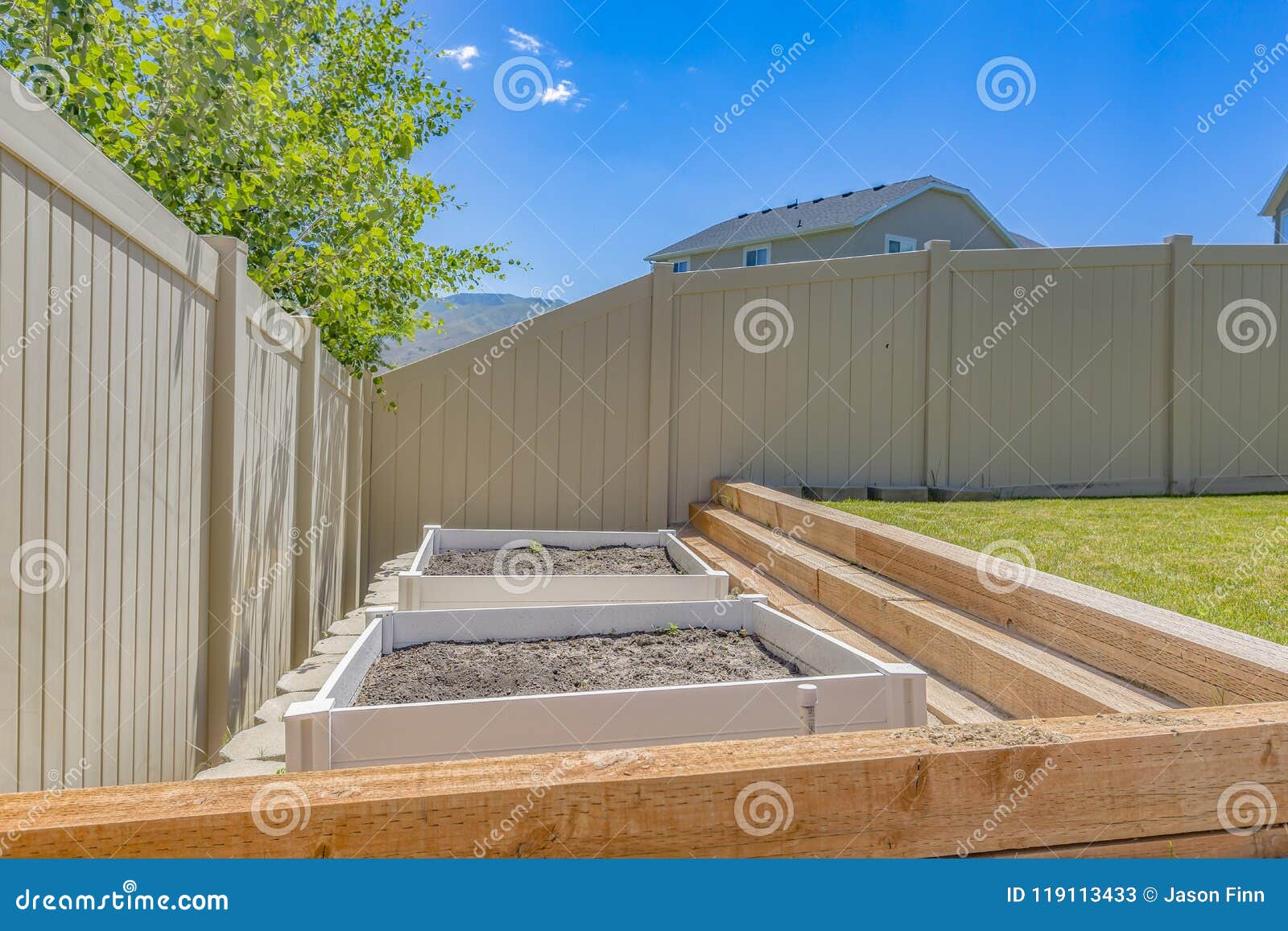 Empty Growbeds in Clean Backyard with Lawn Stock Image - Image of edge ...