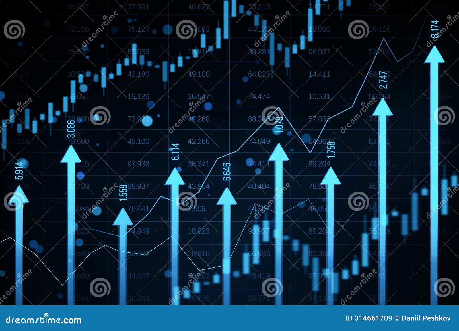 Growing Blue Vertical Arrows and Candlestick Forex Chart on Dark Index ...