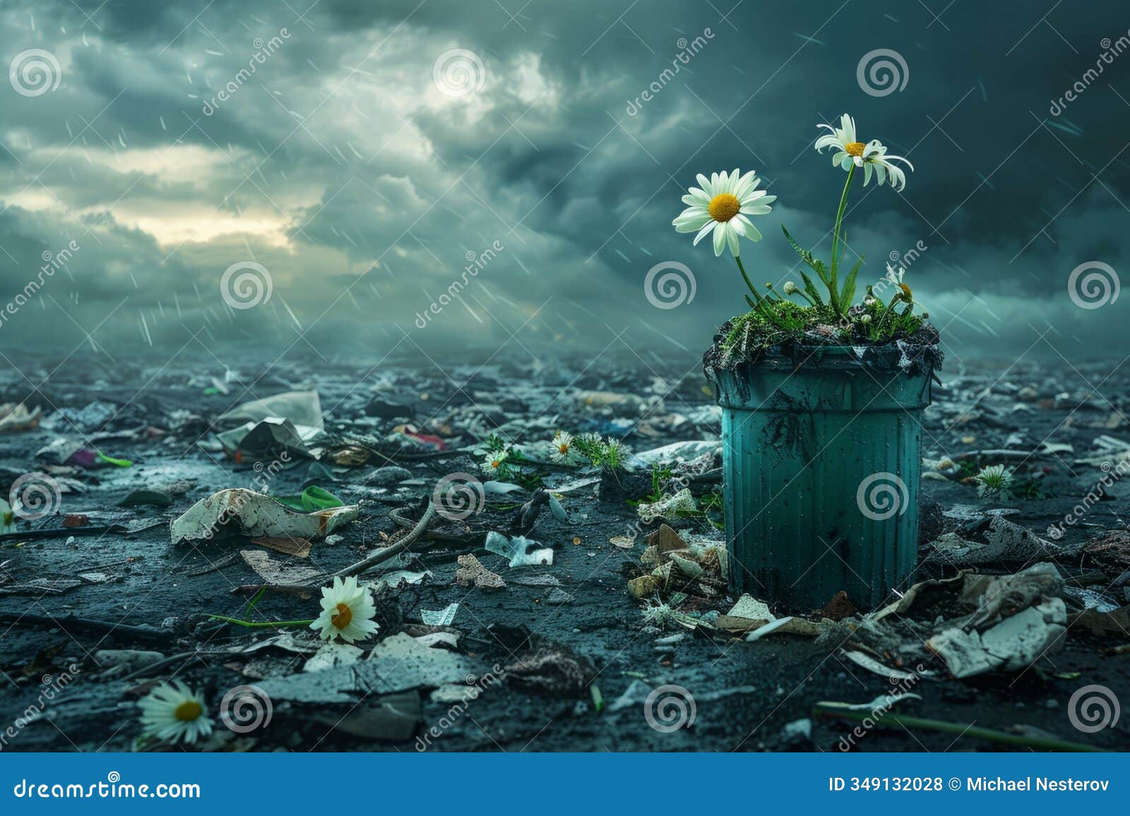 Growing Chamomile Flower on a Garbage Dump, Concept of Waste Recycling ...