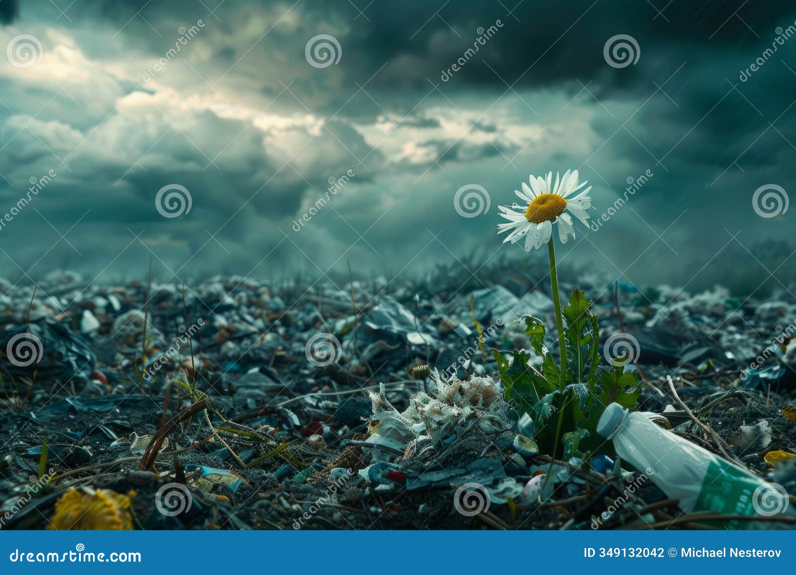 Growing Chamomile Flower on a Garbage Dump, Concept of Waste Recycling ...