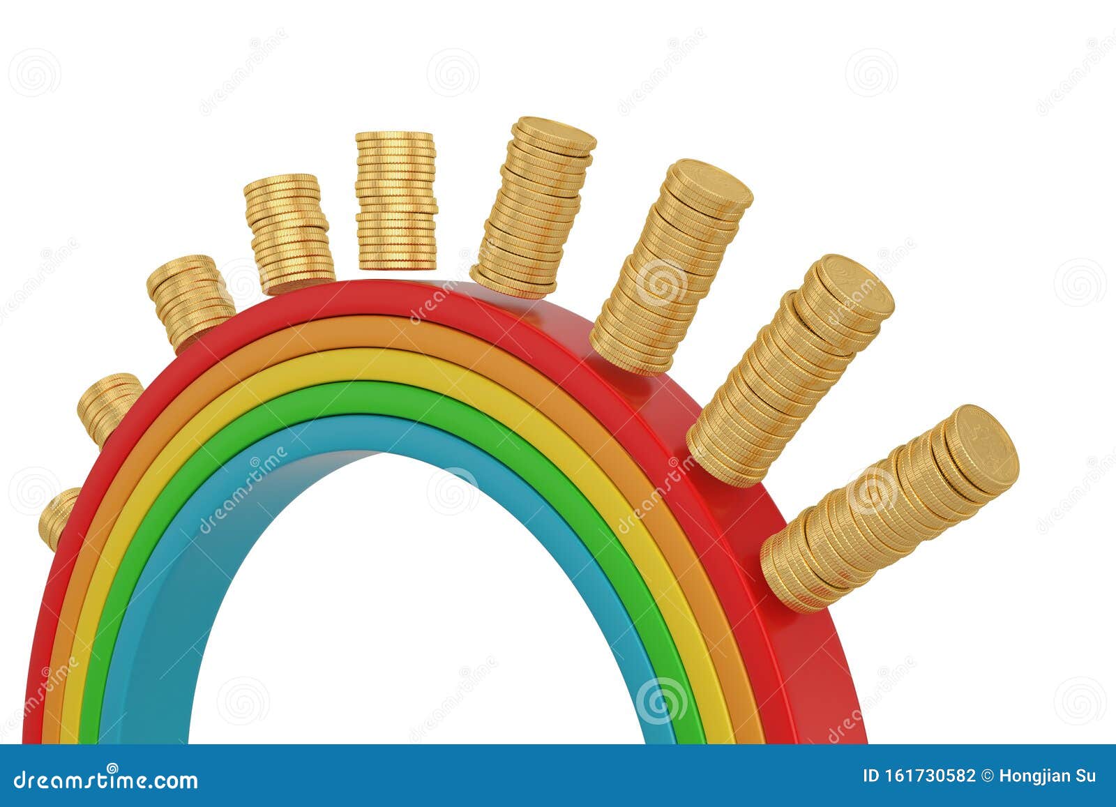 Growing Coin Stacks On Rainbow Isolated On White Background. 3d ...