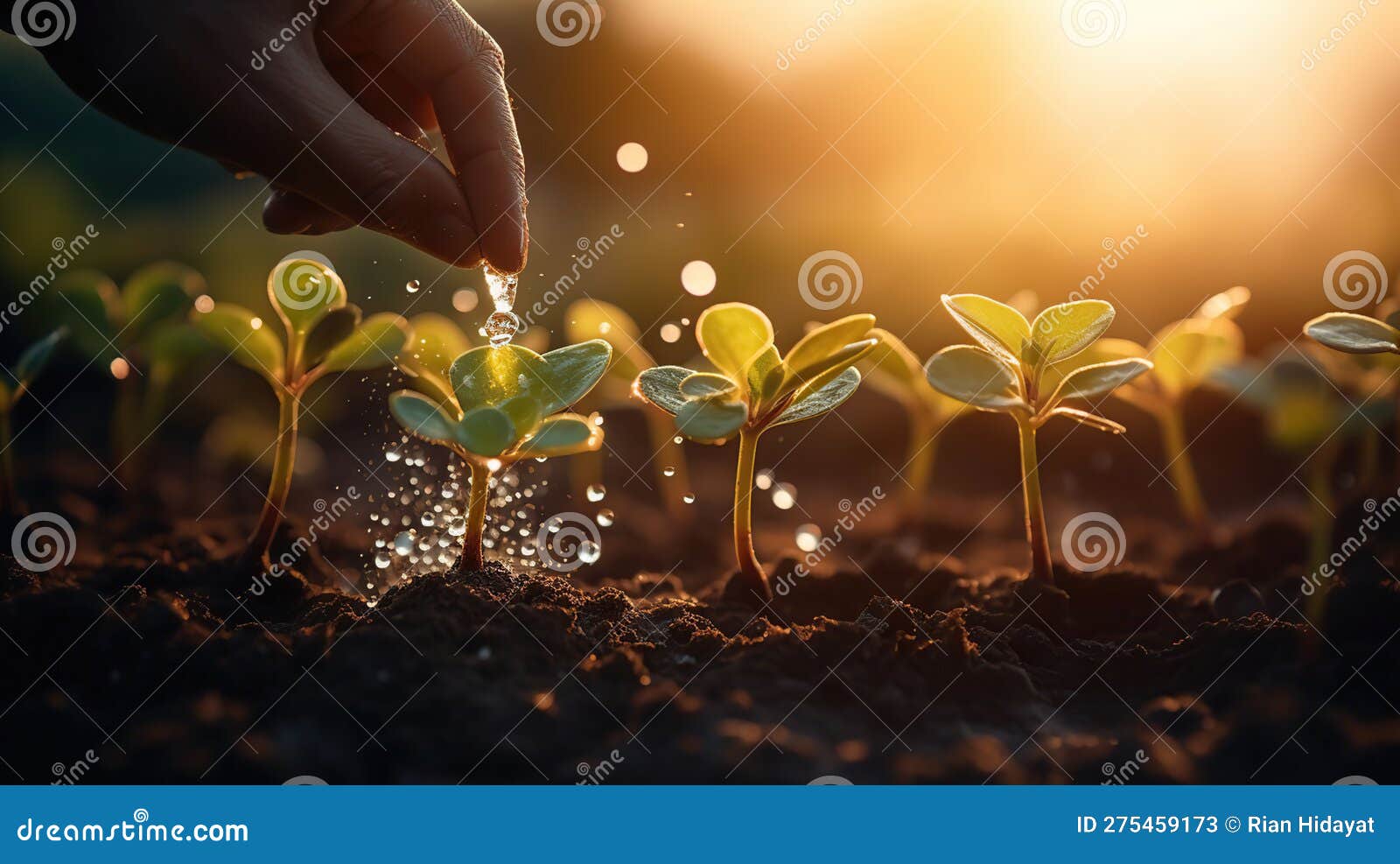 Growing Concept - Hand Watering Young Plants with Flare Effect ...