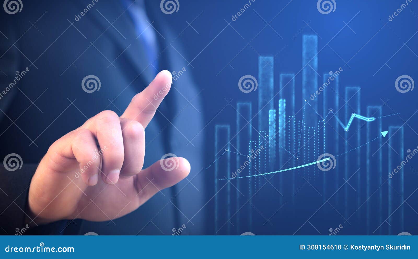 Growing Graphs and Charts on Blue Background with Digital Man with ...