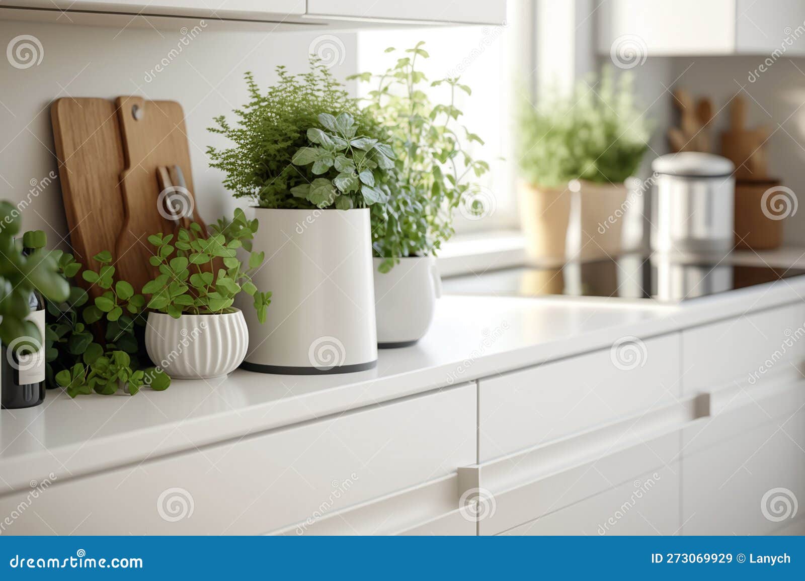 Growing Greenery in the White Sunny Kitchen. Generative AI Stock ...