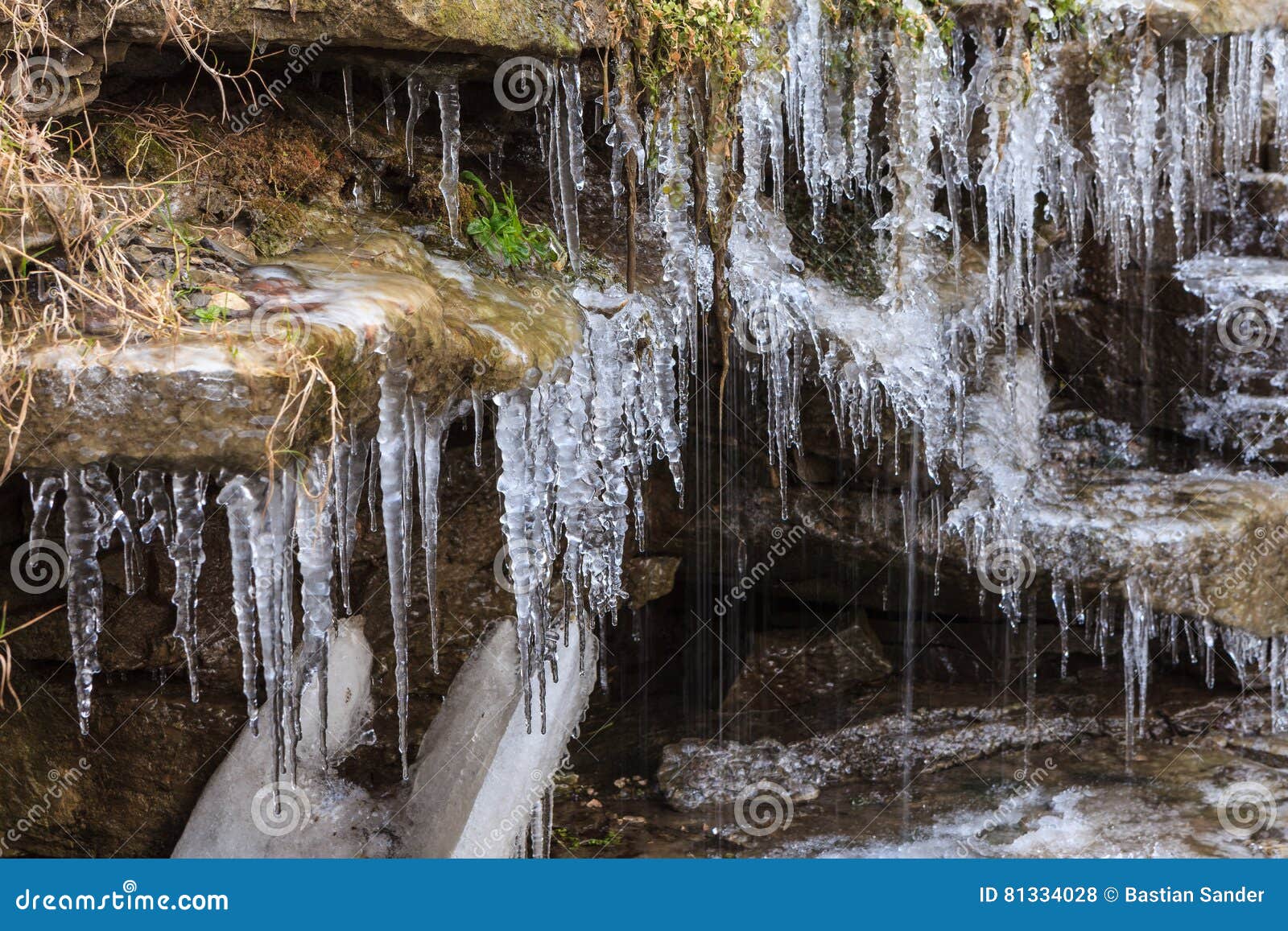 Growing Icicles during the Winter on a Cascade of a Creek Stock Photo ...