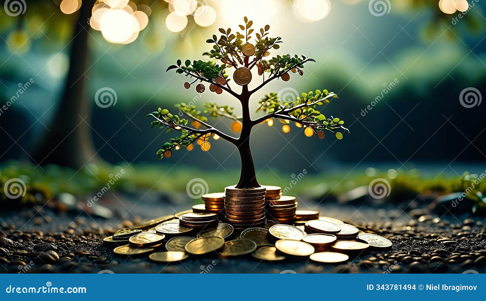 Growing Investment: Money Tree with Coins in Sunlit Forest Setting ...