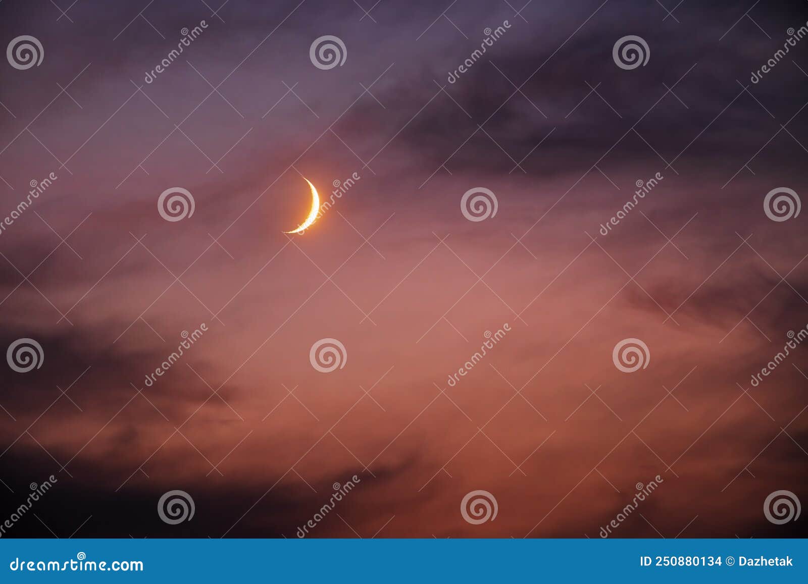 Growing Moon in Dramatic Night Sky among Clouds. Warm Colors of Summer ...