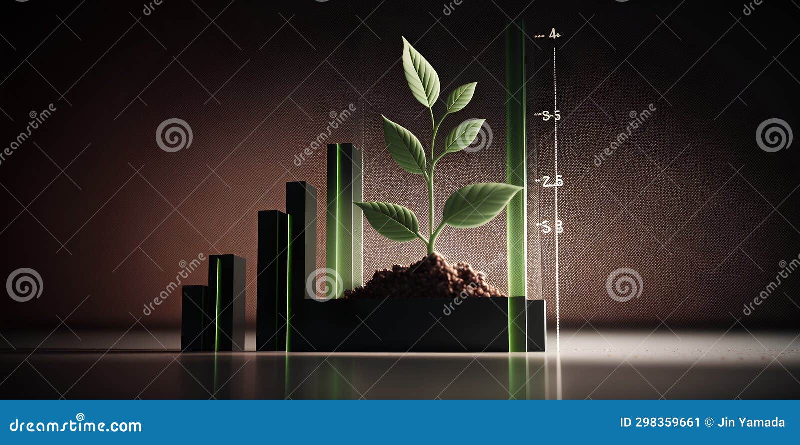 Growing Plant with Bar Graph on Dark Background, 3d Render Illustration ...