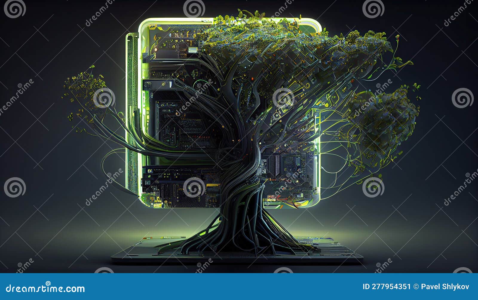 Growing Tree on Converging Point of Computer Circuit Board. Nature with ...