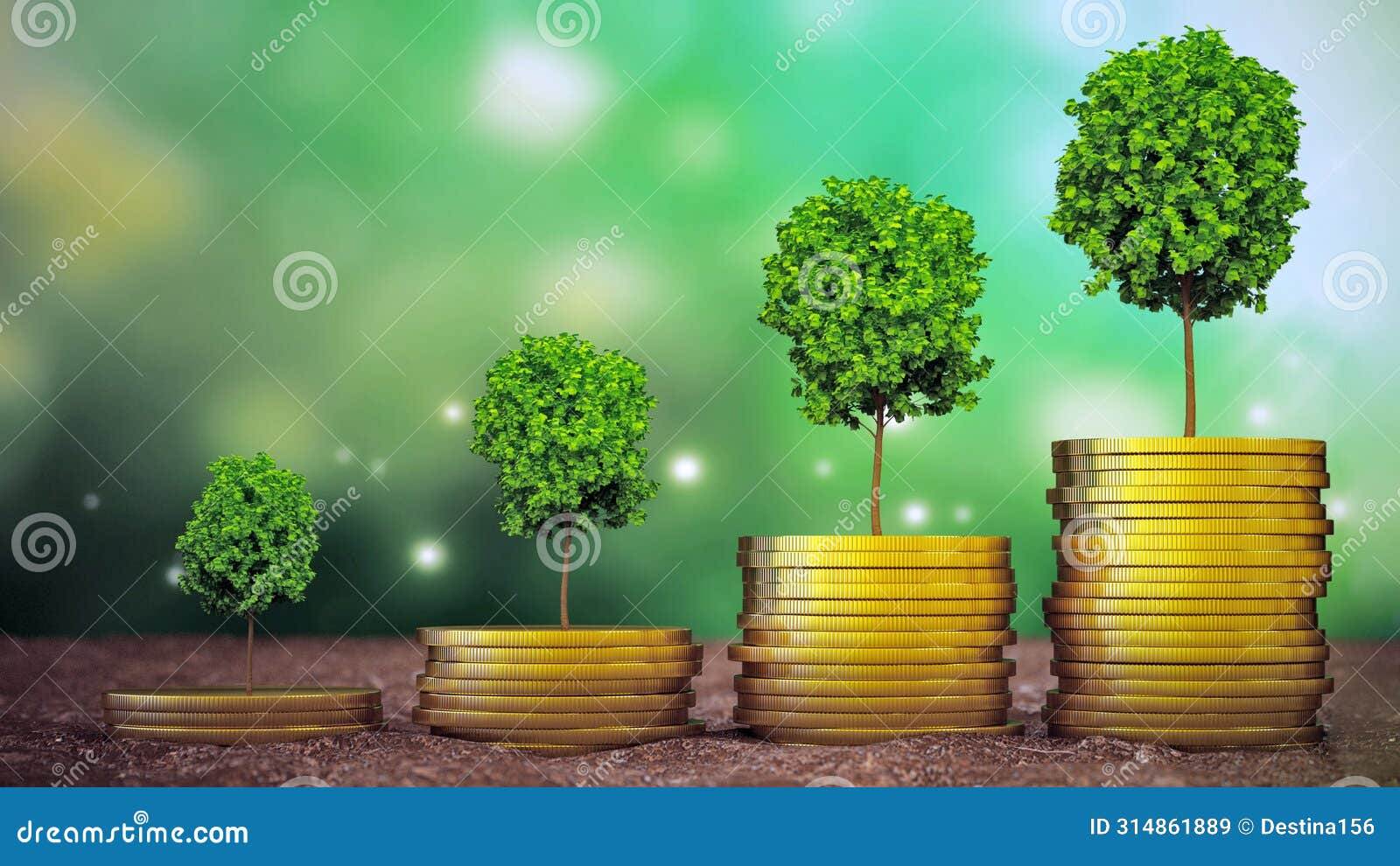 Growing Trees on Rising Gold Coin Stacks. 3D Illustration Stock ...