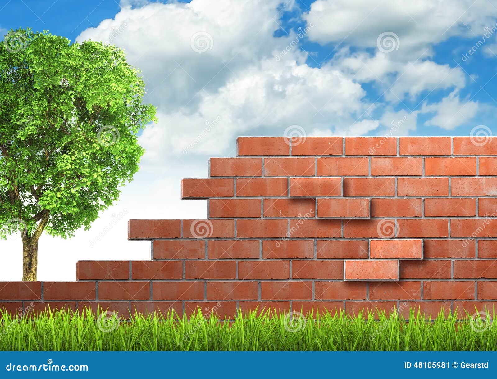 Grown Tree with Brick Wall on Green Fresh Grass. Stock Illustration ...