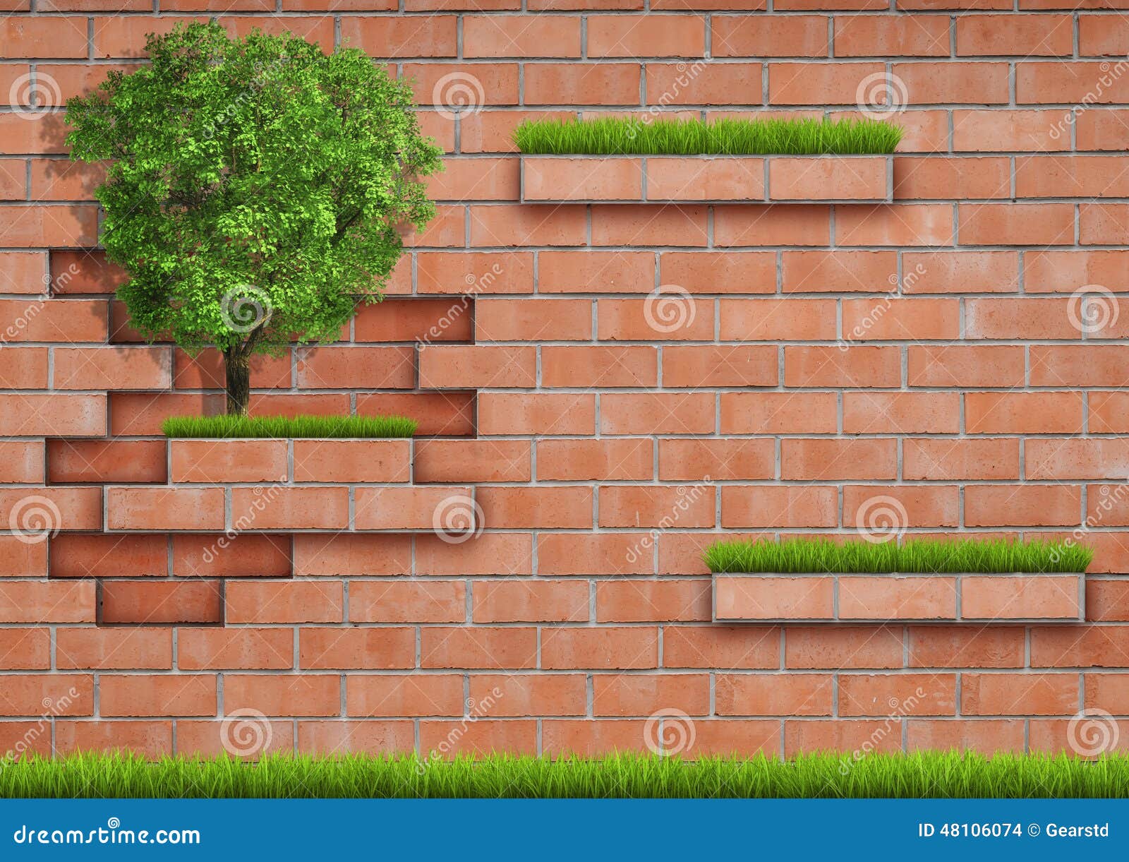 Grown Tree with Brick Wall on Green Fresh Grass. Stock Photo - Image of ...