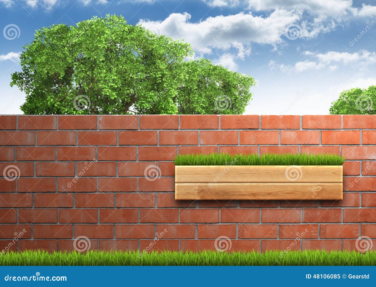 Grown Tree with Brick Wall on Green Fresh Grass. Stock Image - Image of ...
