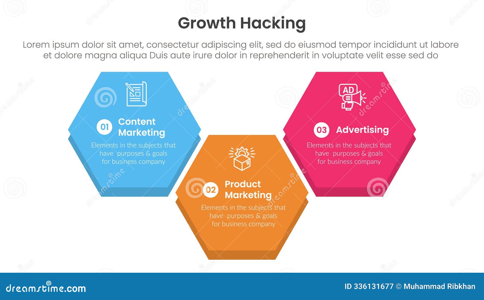 Growth Hacking Infographic 3 Point with Big Hexagonal Up and Down Shape ...