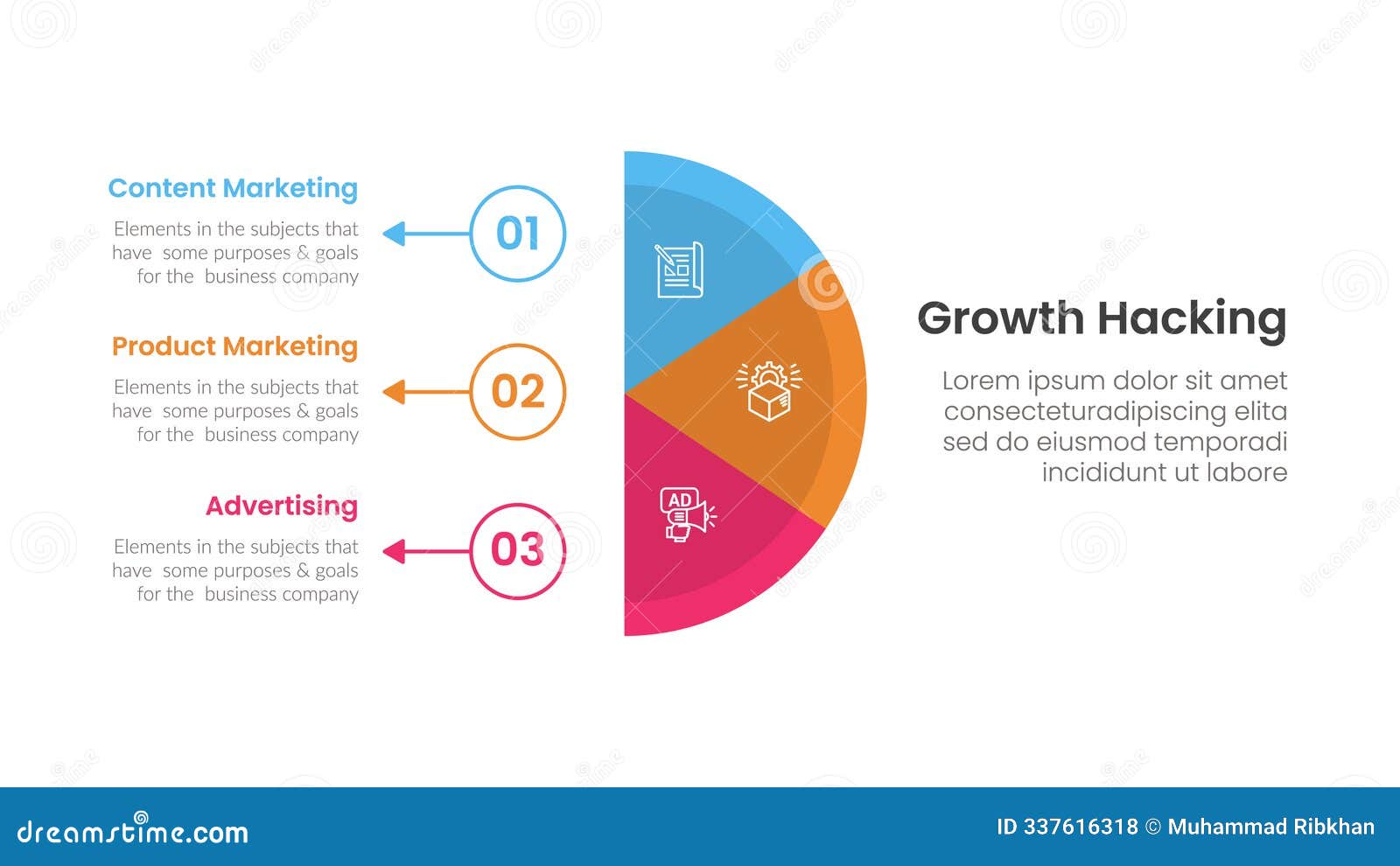 Growth Hacking Infographic 3 Point with Vertical Half Circle with ...