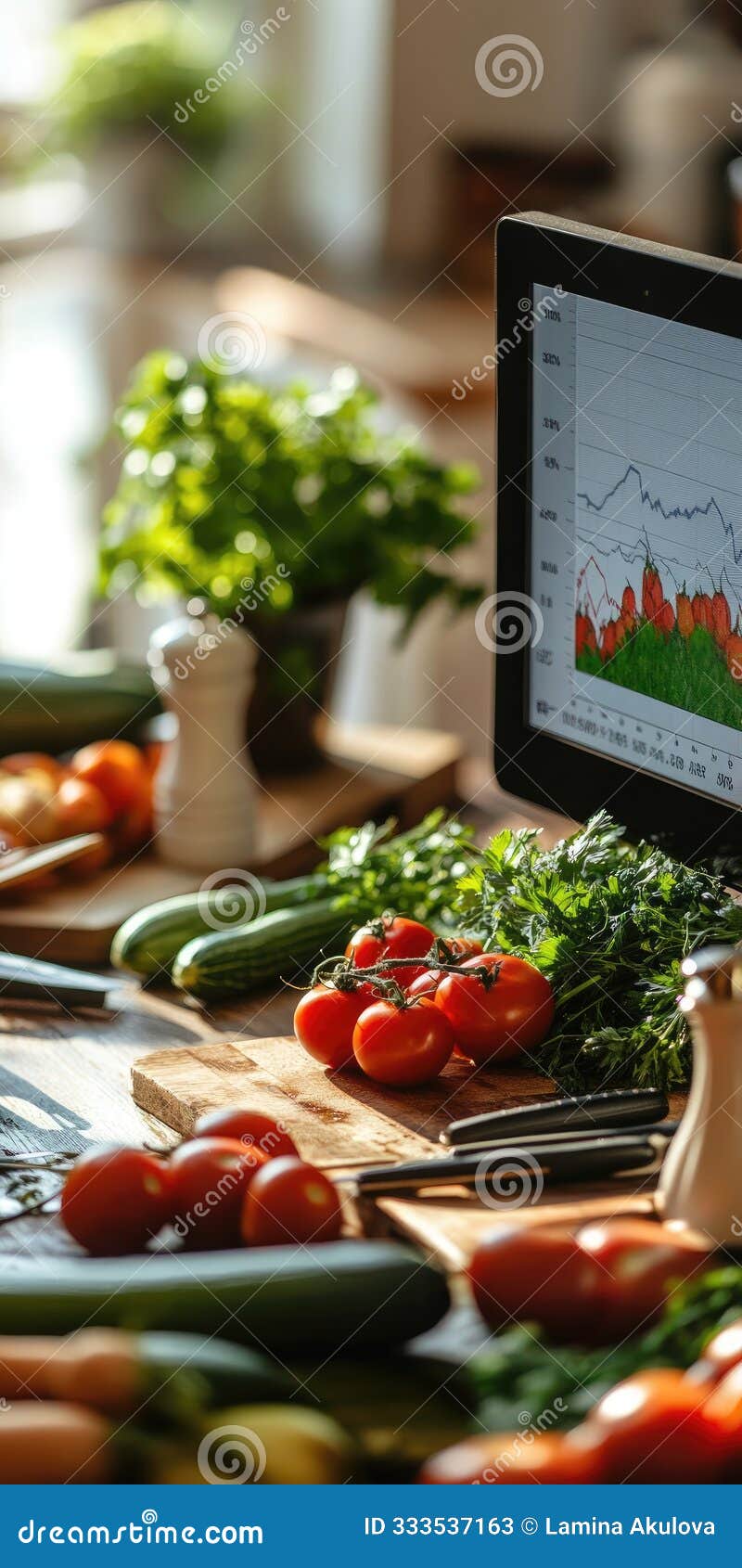 Growth Trends Analysis with Fresh Vegetables and Line Chart on Computer ...