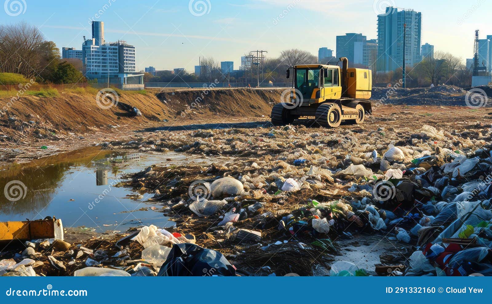 Bulldozer Digging through a Dump Filled with Garbage Stock Illustration ...
