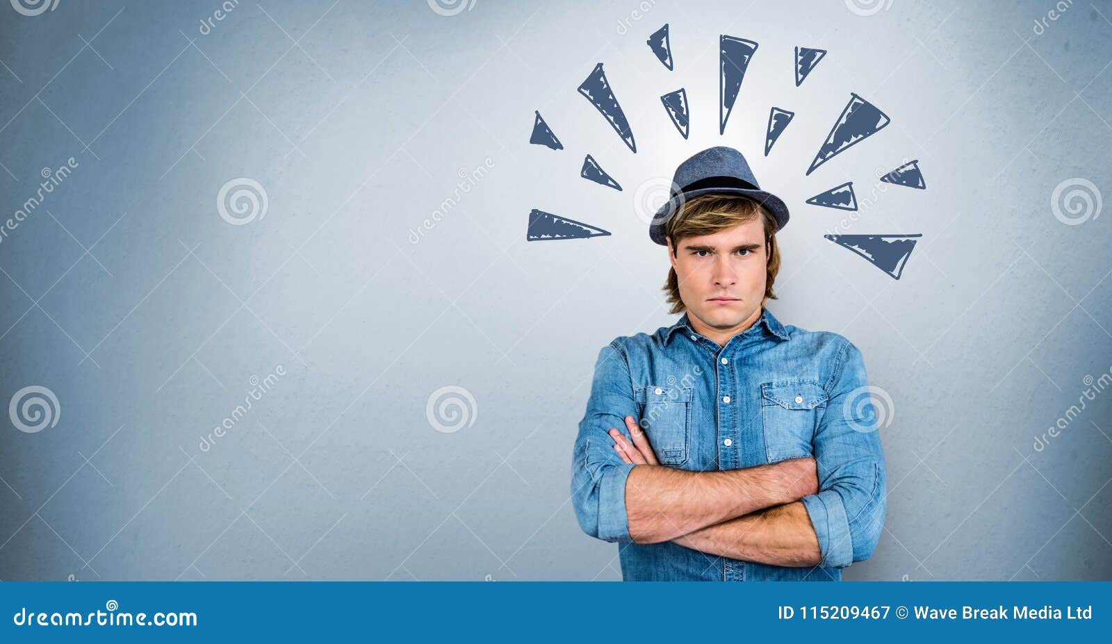 Grumpy Angry Man with Triangle Doodles on Blue Background Stock Image ...