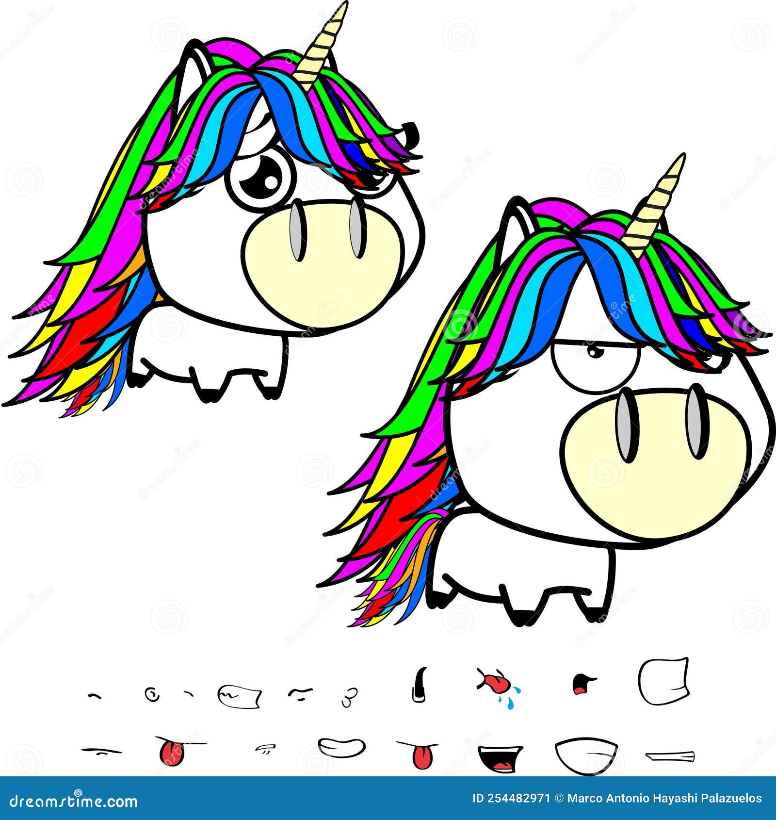 Grumpy Big Head Unicorn Cartoon Expressions Set Stock Vector ...