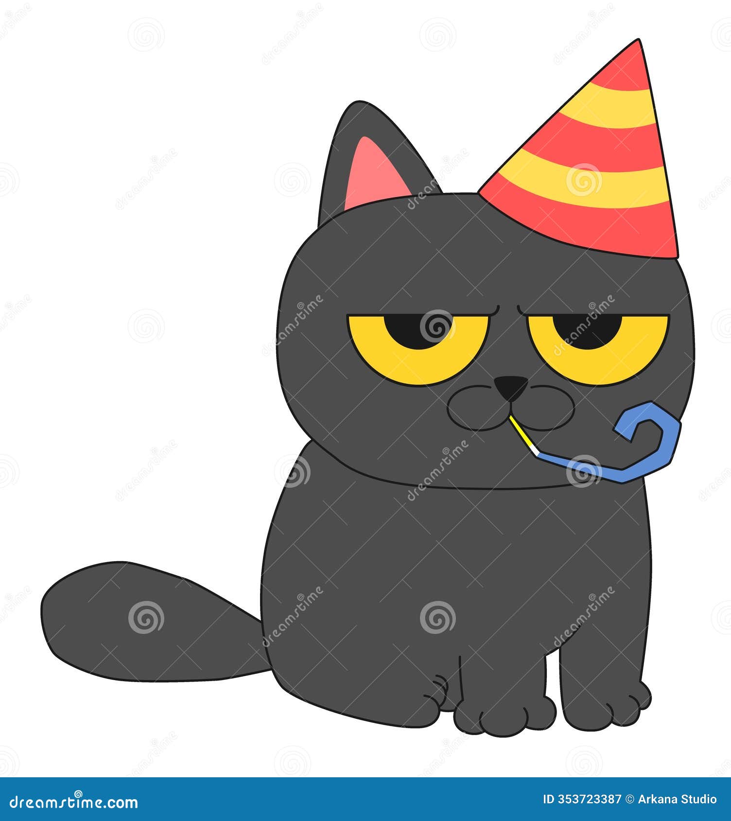 Grumpy Black Cat Blowing Noisemaker Cartoon Illustration ...