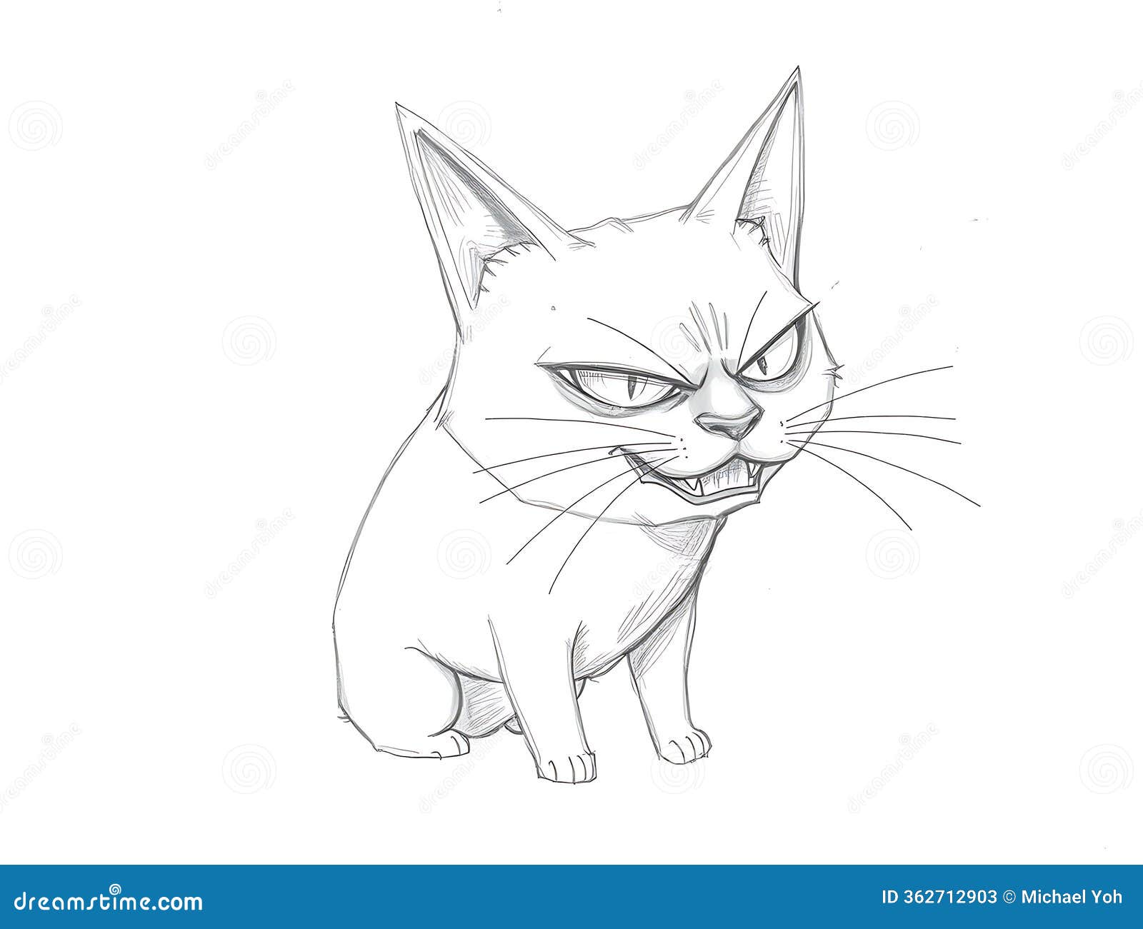 Grumpy Cartoon Cat With Angry Expression Sketch In Black And White ...