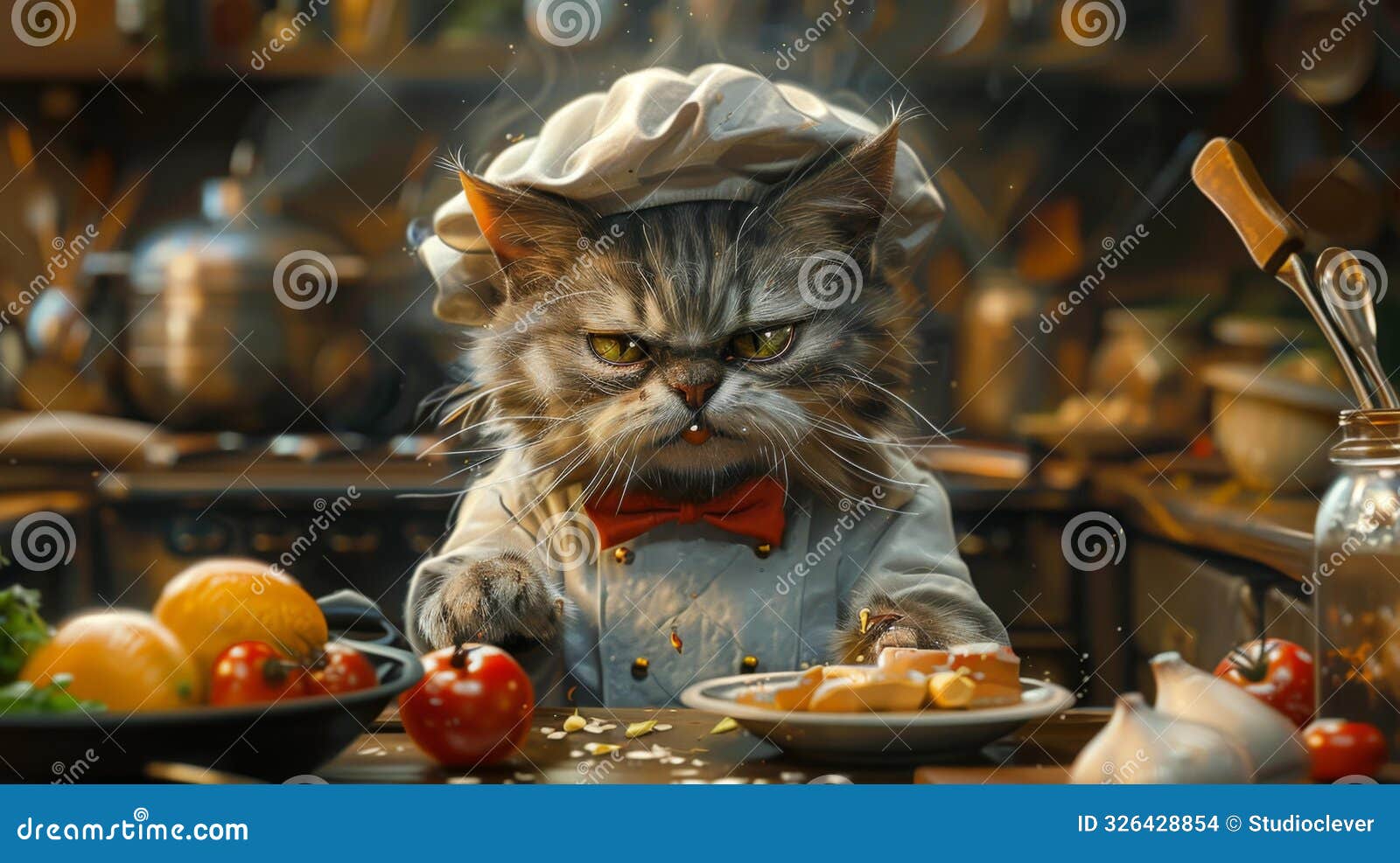 Grumpy Cat Chef in Cozy Kitchen - Generative Ai Stock Illustration ...
