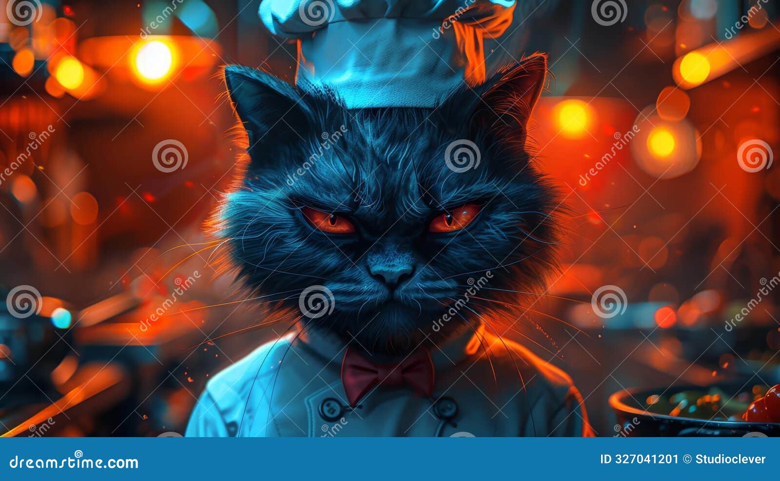 Grumpy Cat Chef in a Fiery Kitchen - Generative Ai Stock Illustration ...