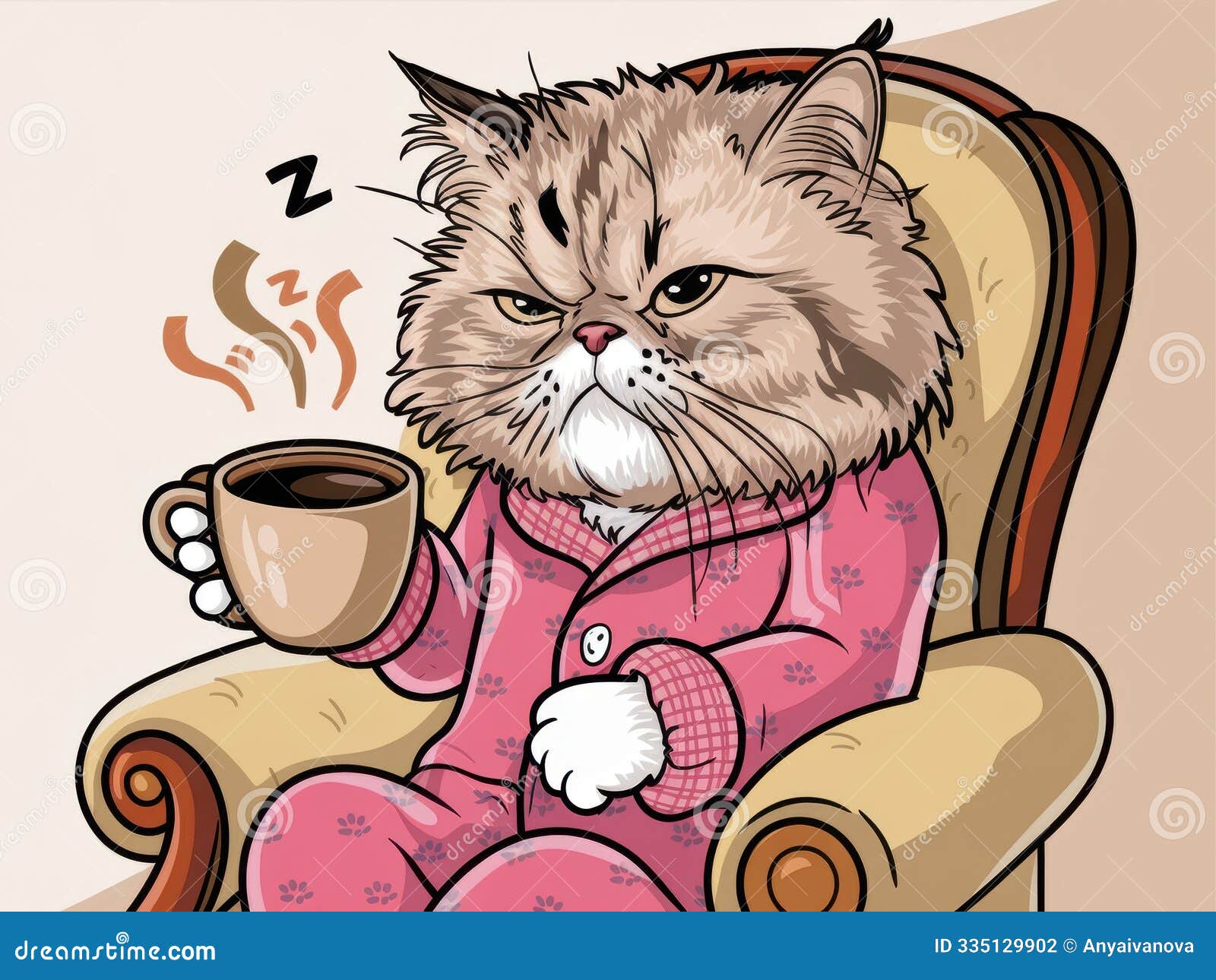 Grumpy Cat in Pajamas Drinking Coffee and Sitting in an Armchair Stock ...