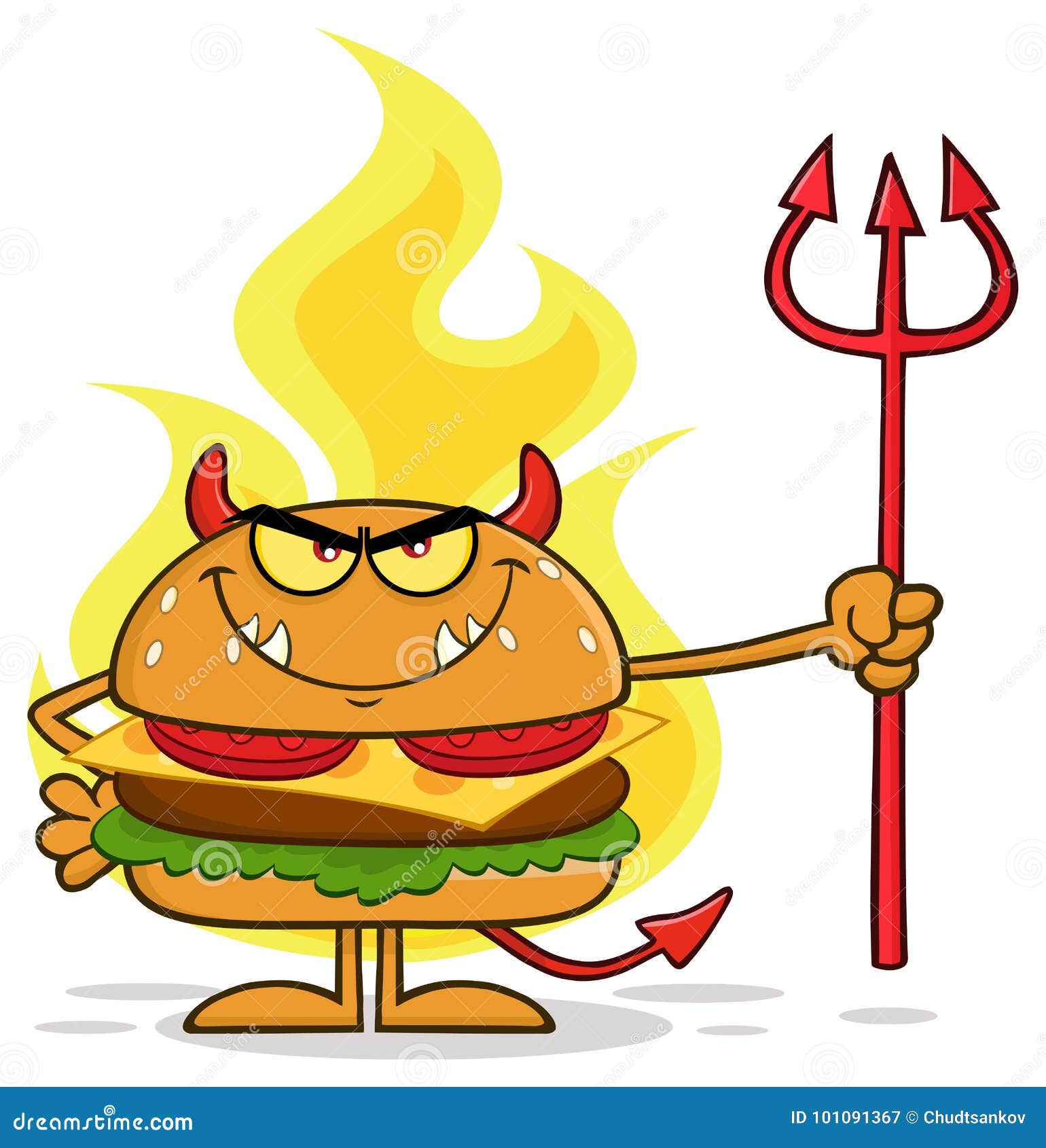 Grumpy Devil Burger Cartoon Character Holding a Trident Over Flames ...